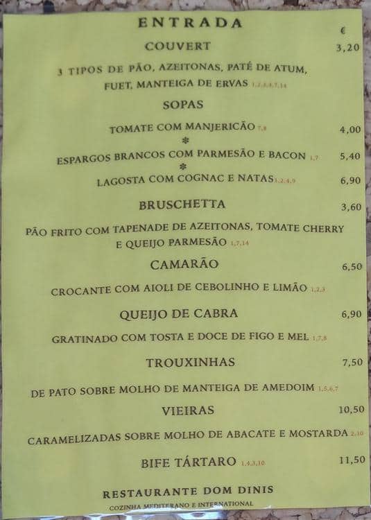 Menu at Dom Dinis restaurant, Albufeira