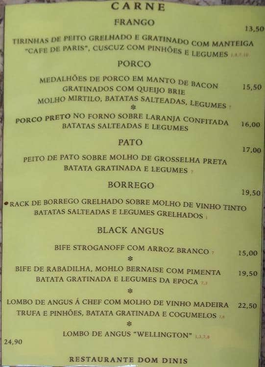 Menu at Dom Dinis restaurant, Albufeira