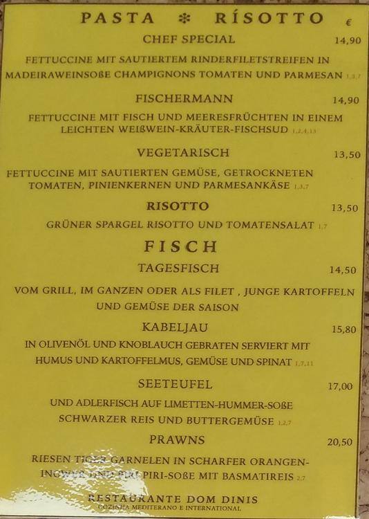 Menu at Dom Dinis restaurant, Albufeira