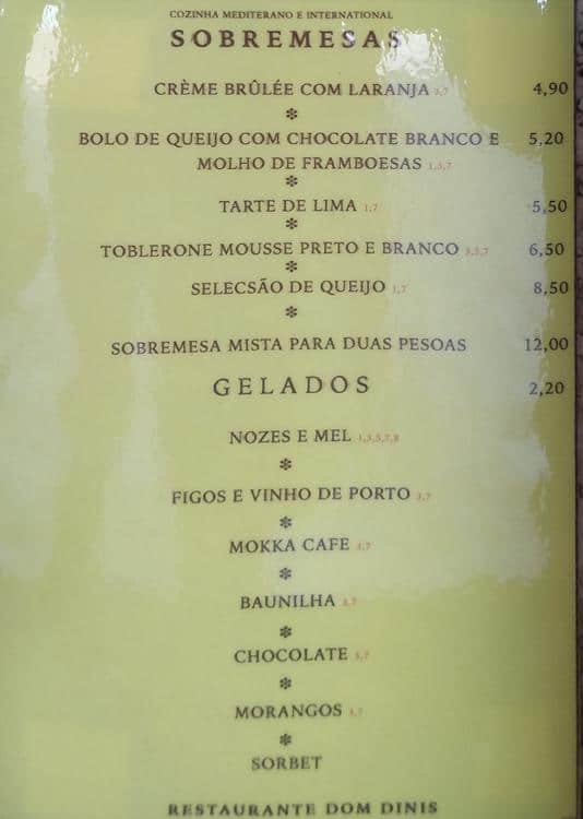 Menu at Dom Dinis restaurant, Albufeira
