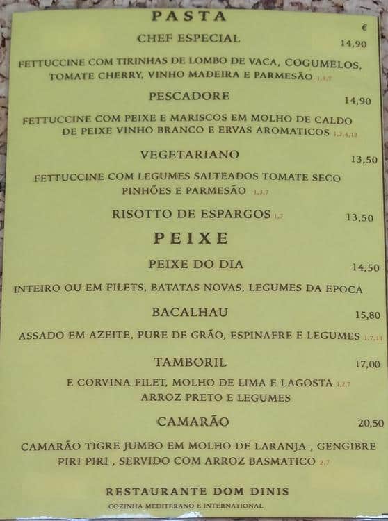 Menu at Dom Dinis restaurant, Albufeira