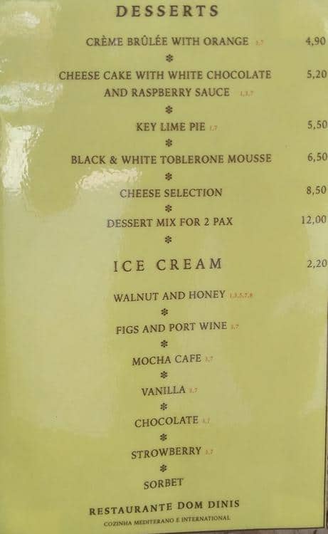 Menu at Dom Dinis restaurant, Albufeira
