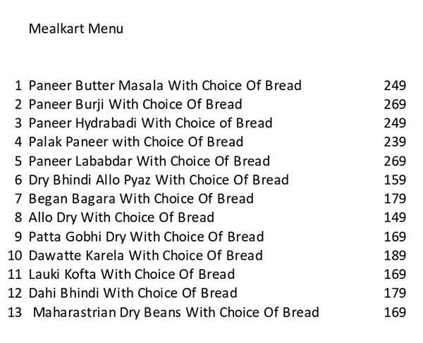 Menu of Meal Kart, Santacruz East, Mumbai