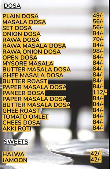 Menu at New Manassa Cafe, Bengaluru, National Highway 4