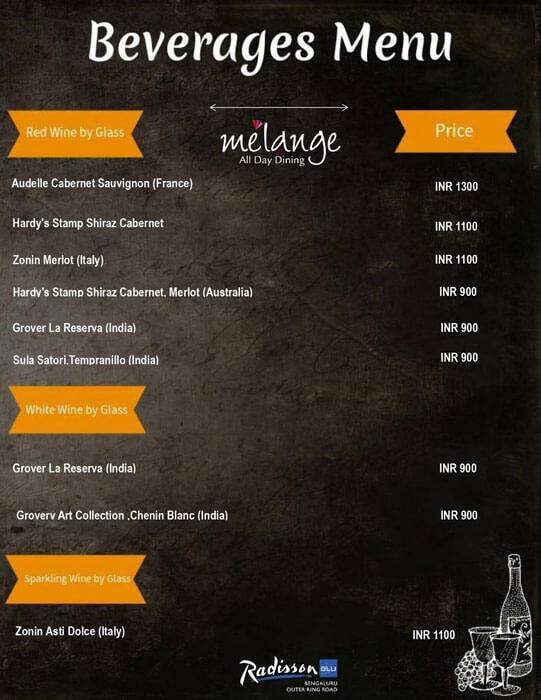 Menu at Melange - Radisson Blu Bengaluru, Bengaluru, 90 - 4 Outer Ring Road