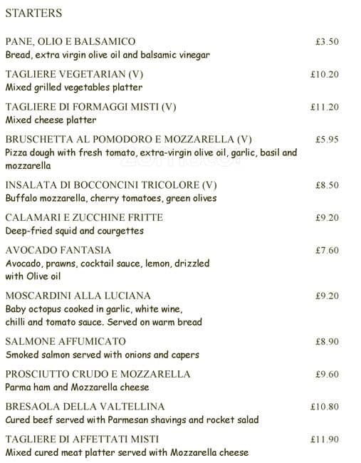 Menu at Trattoria Calabrese cafe, Kingston upon Thames