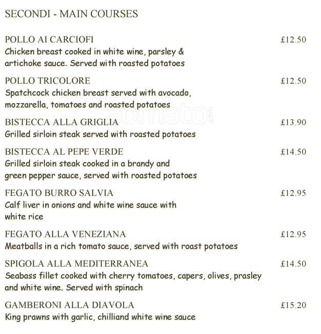 Menu at Trattoria Calabrese cafe, Kingston upon Thames