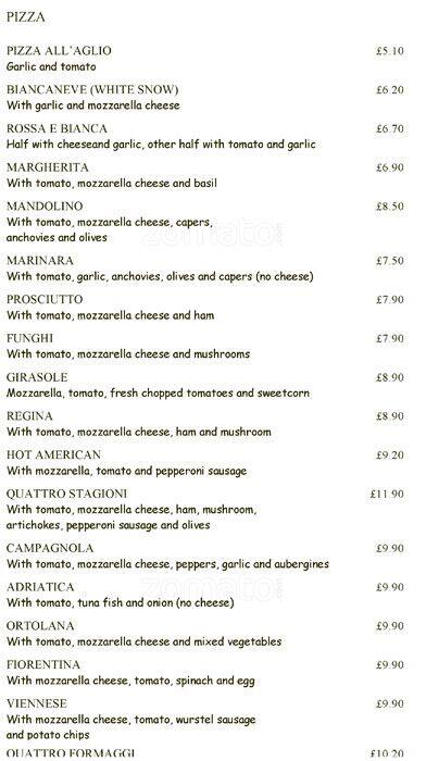 Menu at Trattoria Calabrese cafe, Kingston upon Thames