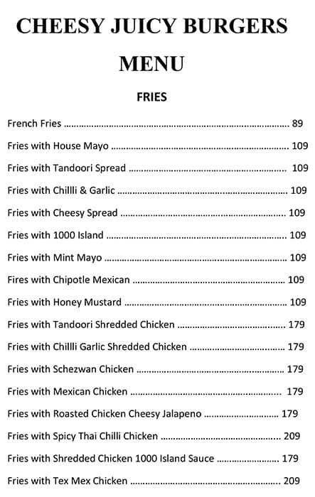 Menu at Cheesy Juicy Burgers, Chennai, 1/127