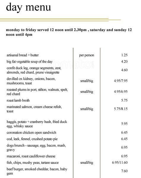 Menu at The Dogs restaurant, Edinburgh