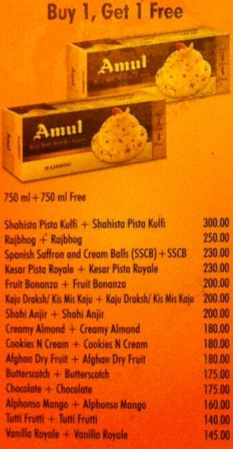 Menu at Amul, Lucknow, 4