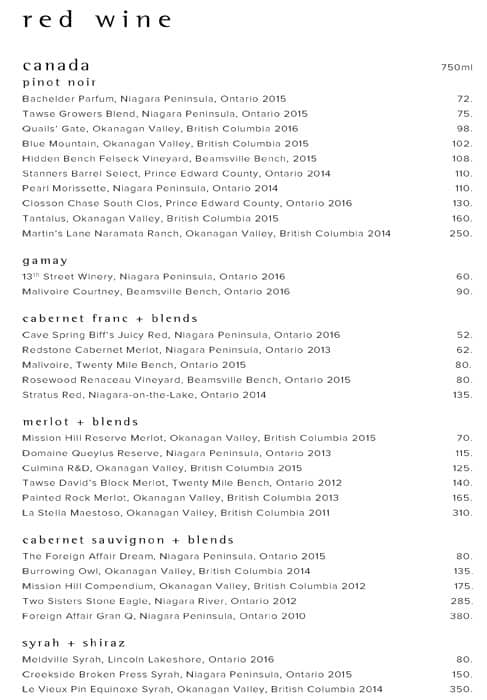 Menu at Canoe restaurant, Toronto