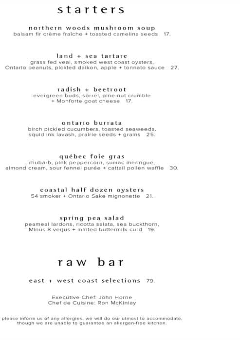 Menu at Canoe restaurant, Toronto