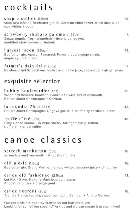 Menu at Canoe restaurant, Toronto