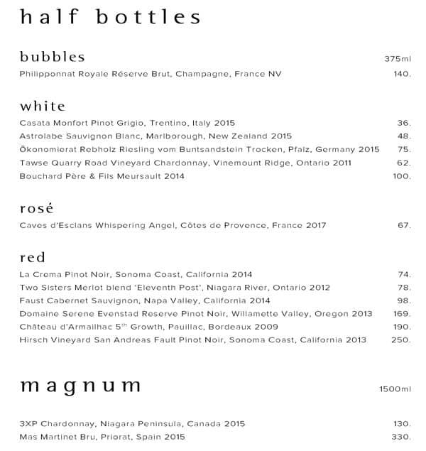 Menu at Canoe restaurant, Toronto