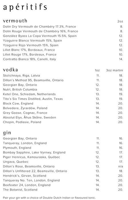 Menu at Canoe restaurant, Toronto