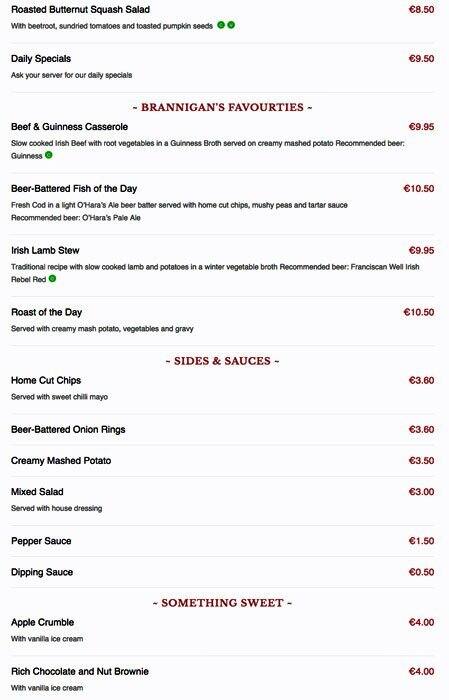 Menu at Brannigans pub & bar, Dublin