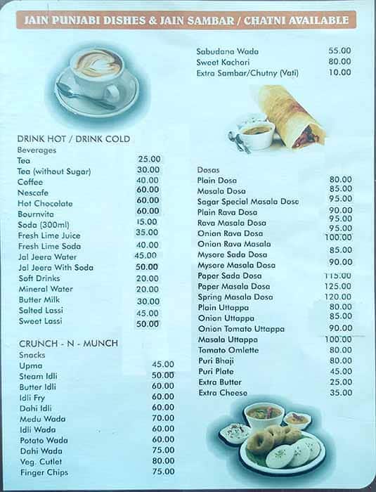 Menu of Sagar, Camp Area, Pune