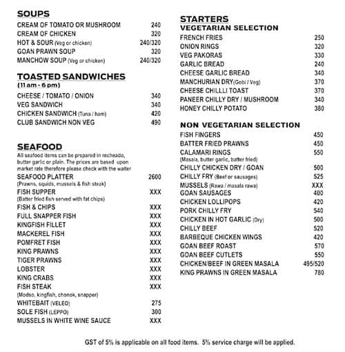 Menu of Joet's Bar And Restaurant, Bogmalo, Goa