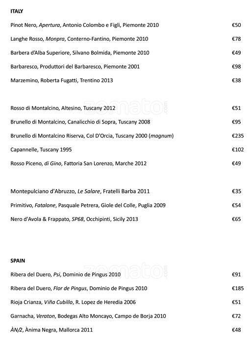 Menu at The Greenhouse restaurant, Dublin