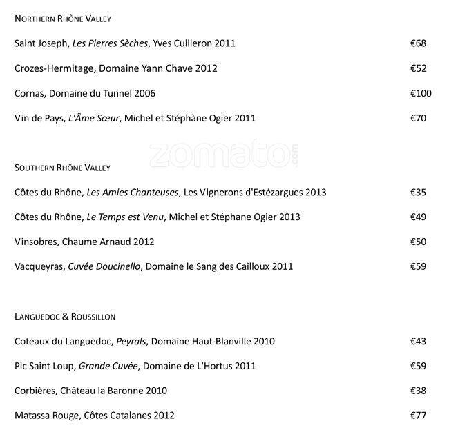 Menu at The Greenhouse restaurant, Dublin