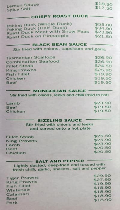 Menu at Lotus Inn Restaurant, Wahroonga