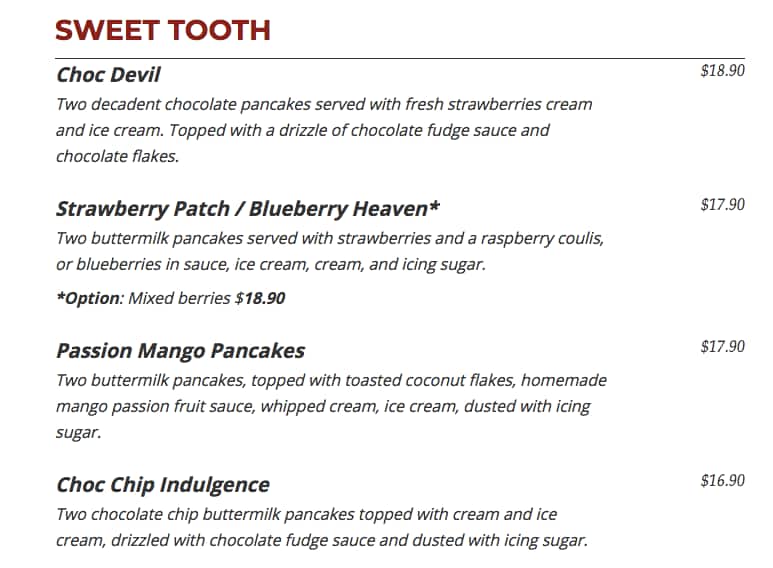 Menu at Pancakes At Carillon restaurant, Perth, Carillon City