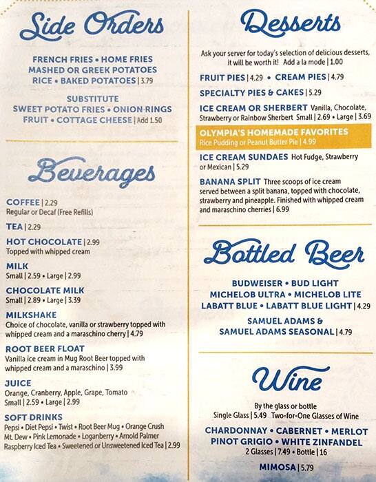 Menu at Olympia Restaurant, Gowanda