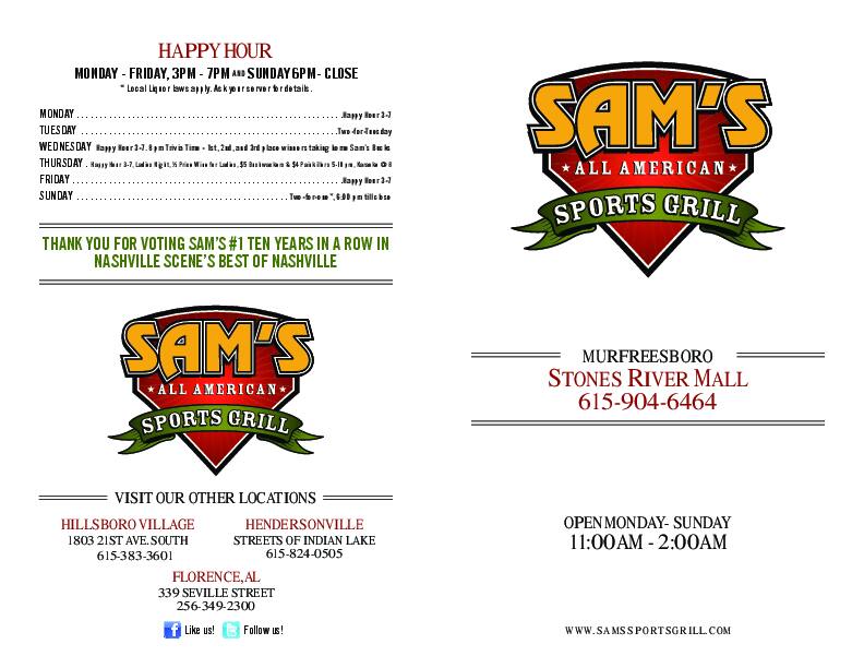 Menu at Sam's Sports Grill pub & bar, Murfreesboro, Old Fort Pkwy