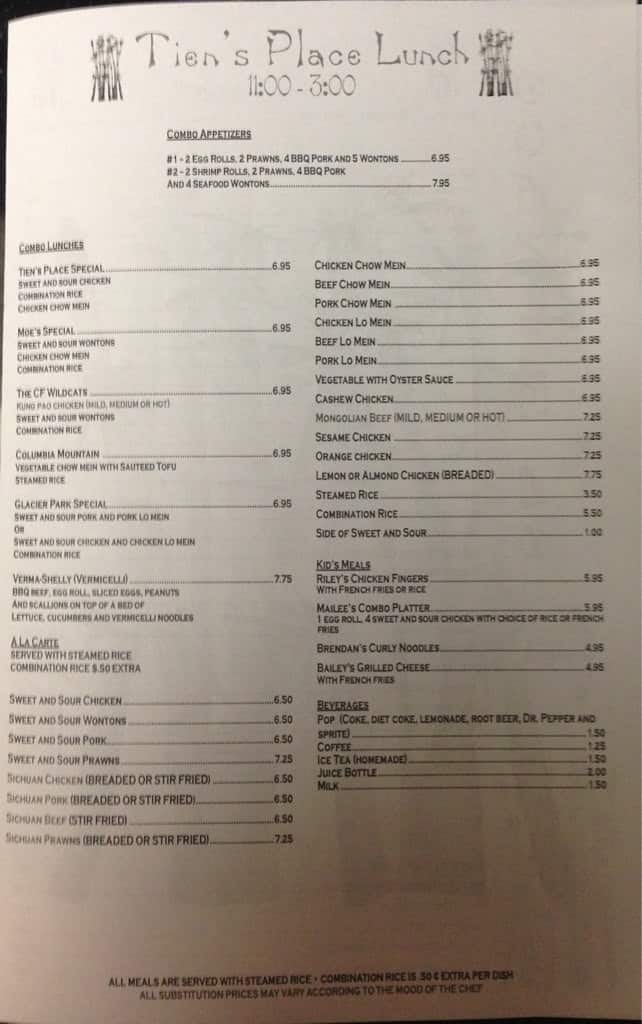 Menu at TIEN'S PLACE EXPRESS Fresh Oriental & American Cuisine ...