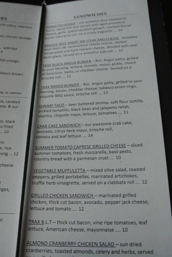 Menu at Trax pub & bar, Scranton