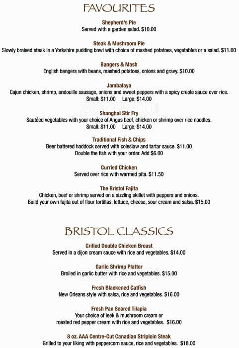 Menu at Bristol Bar and Grill Mississauga, Mississauga