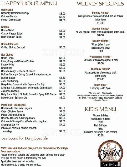 Menu at Bristol Bar and Grill Mississauga, Mississauga