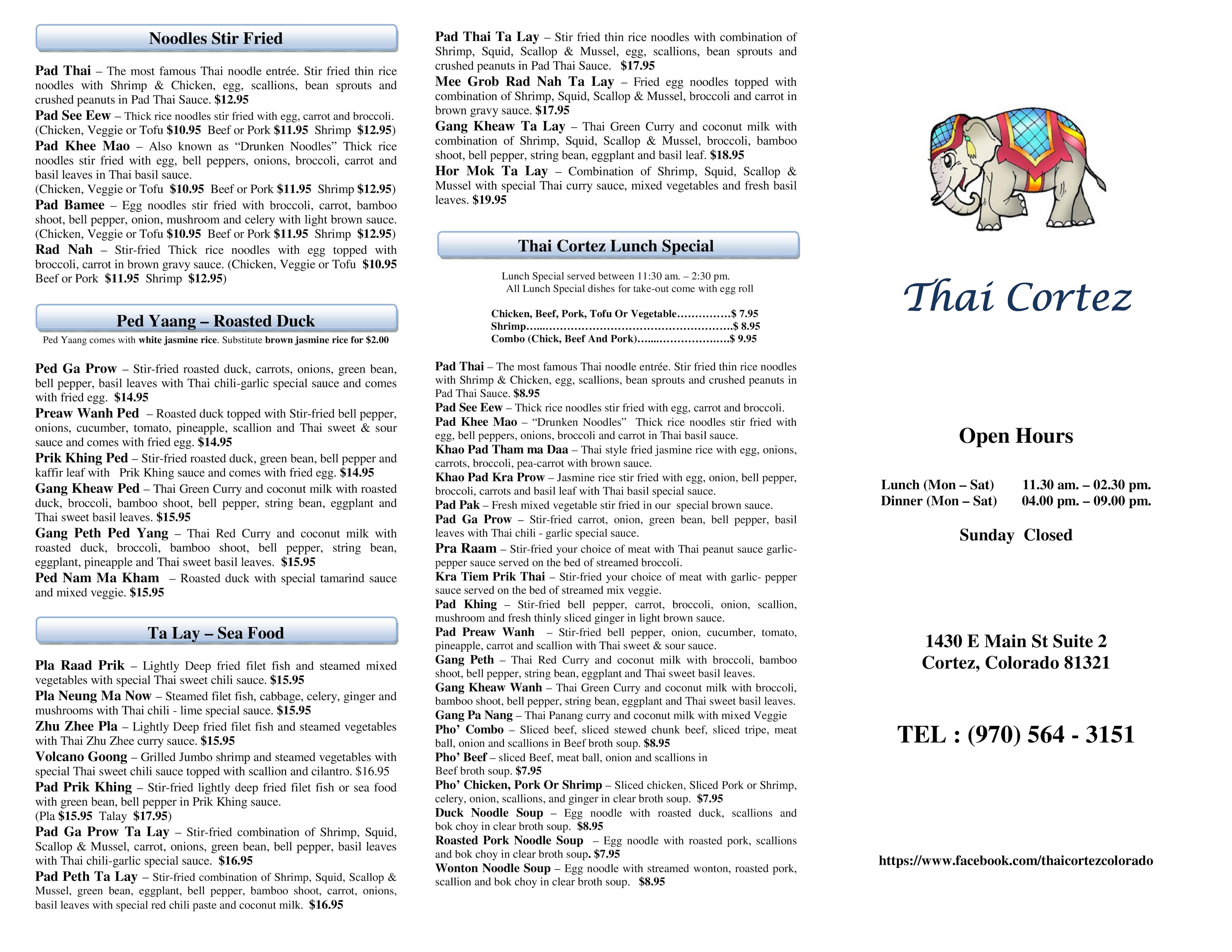 Menu at Thai Cortez & Sushi restaurant, Cortez