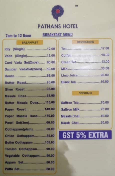 Menu of Hotel Pathans, Poothole, Thrissur