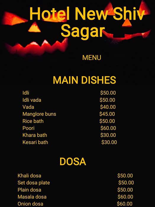 Menu at Hotel new shiva sagar, Bengaluru
