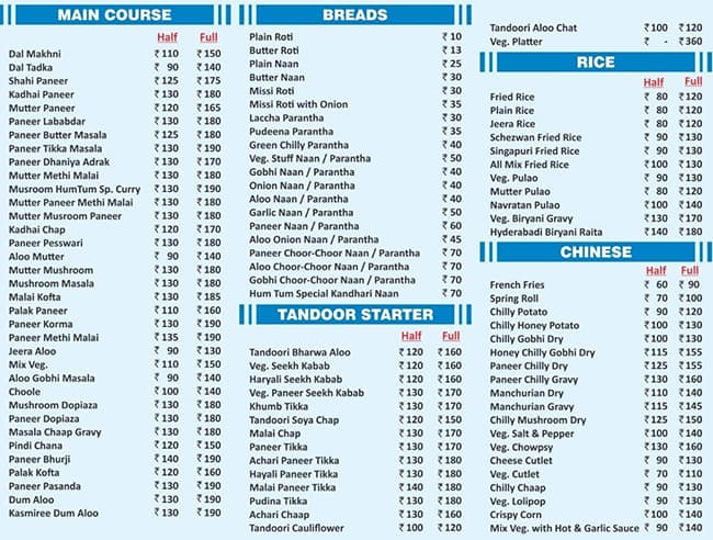 Menu at Hum Tum, Delhi, P3GP+9G6