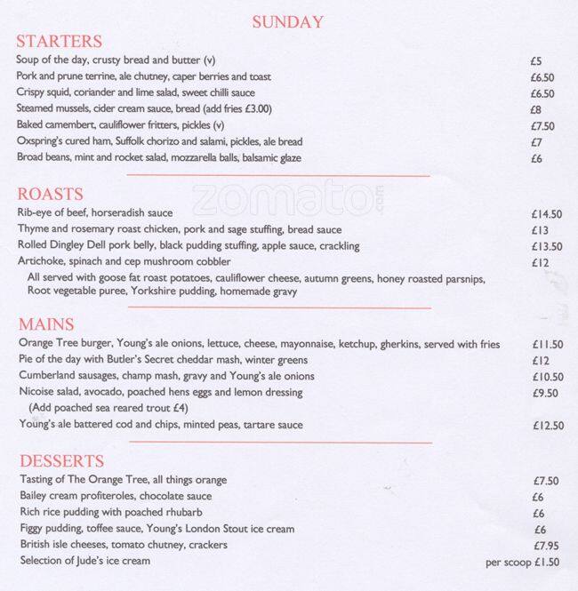 Menu at Orange Tree Pub, Richmond, 45 Kew Road