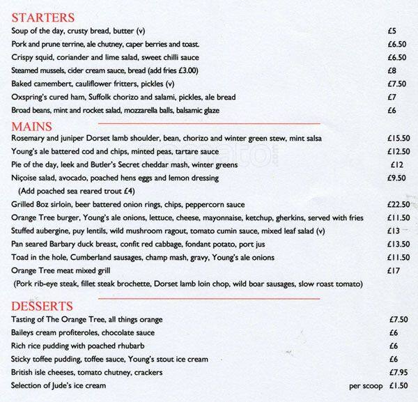 Menu at Orange Tree Pub, Richmond, 45 Kew Road