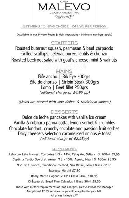 Carta del restaurante Casa Malevo, Londres, 23 Connaught St