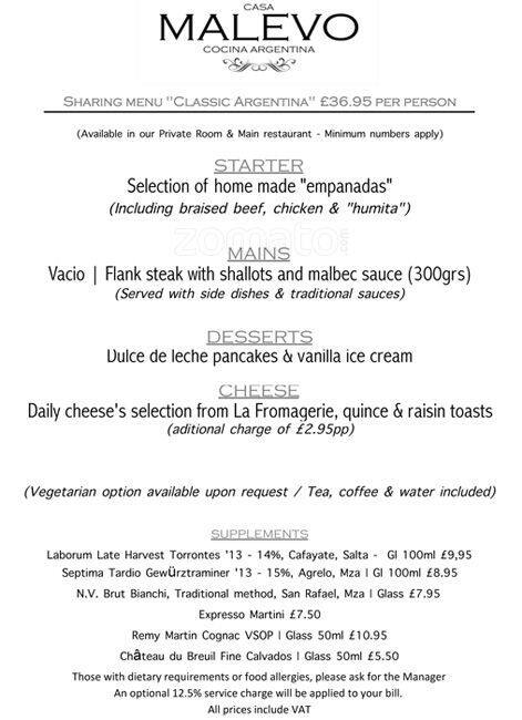 Carta del restaurante Casa Malevo, Londres, 23 Connaught St