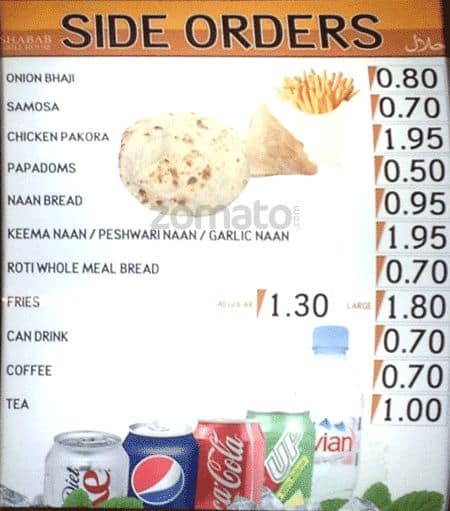 Menu at Shabab restaurant, London