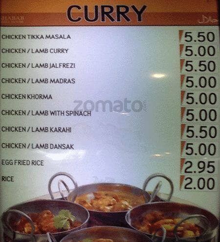 Menu at Shabab restaurant, London