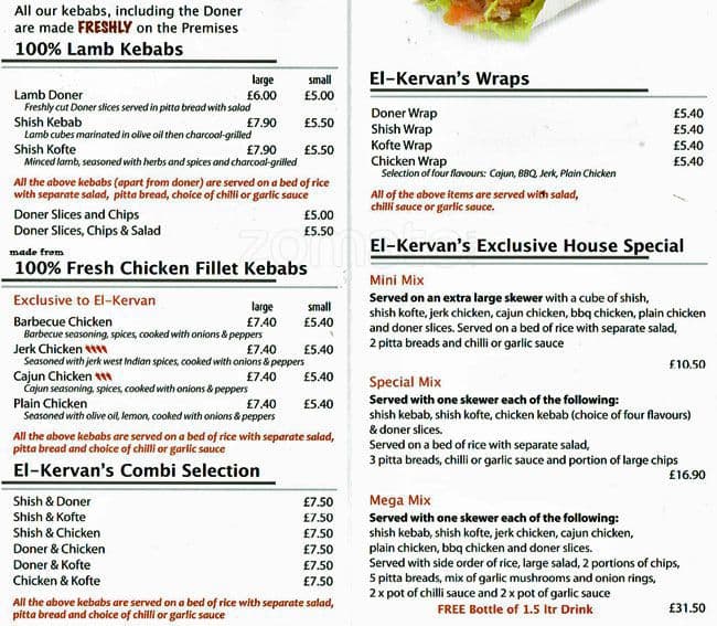 Menu at El Kervan restaurant, London, 71 Queensway