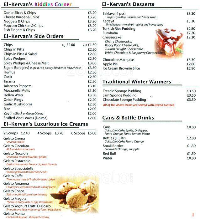 Menu at El Kervan restaurant, London, 71 Queensway
