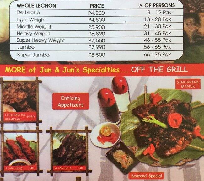 Carta del restaurante Jun & Jun's Cebu Lechon, Ciudad Quezon, Lot 22 ...