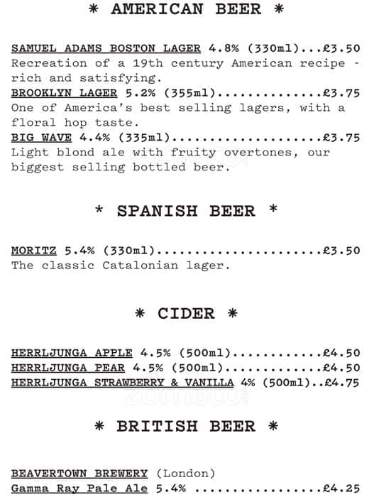 Menu at Solita Northern Quarter pub & bar, Manchester, Turner St