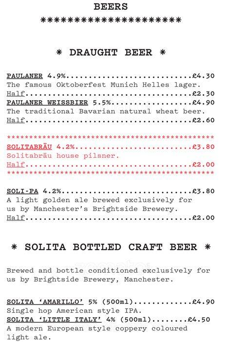 Menu at Solita Northern Quarter pub & bar, Manchester, Turner St