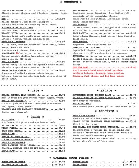Menu at Solita Northern Quarter pub & bar, Manchester, Turner St