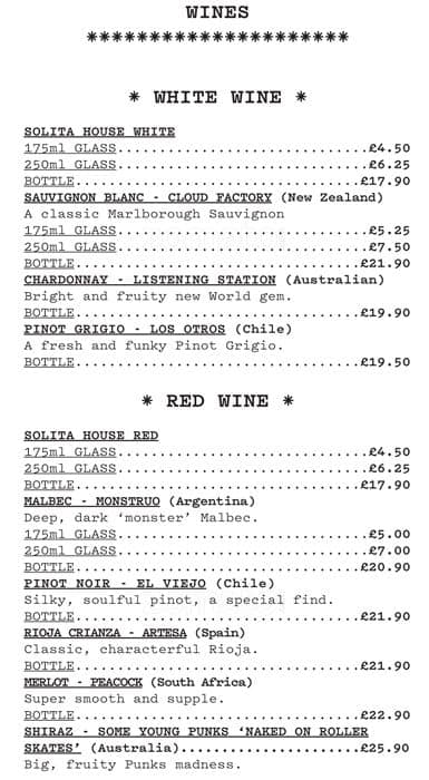 Menu at Solita Northern Quarter pub & bar, Manchester, Turner St